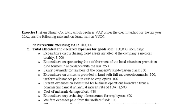 CIT Calculation for Hien Nhuan Co., Ltd. (Tax Year 20xx) - Studocu