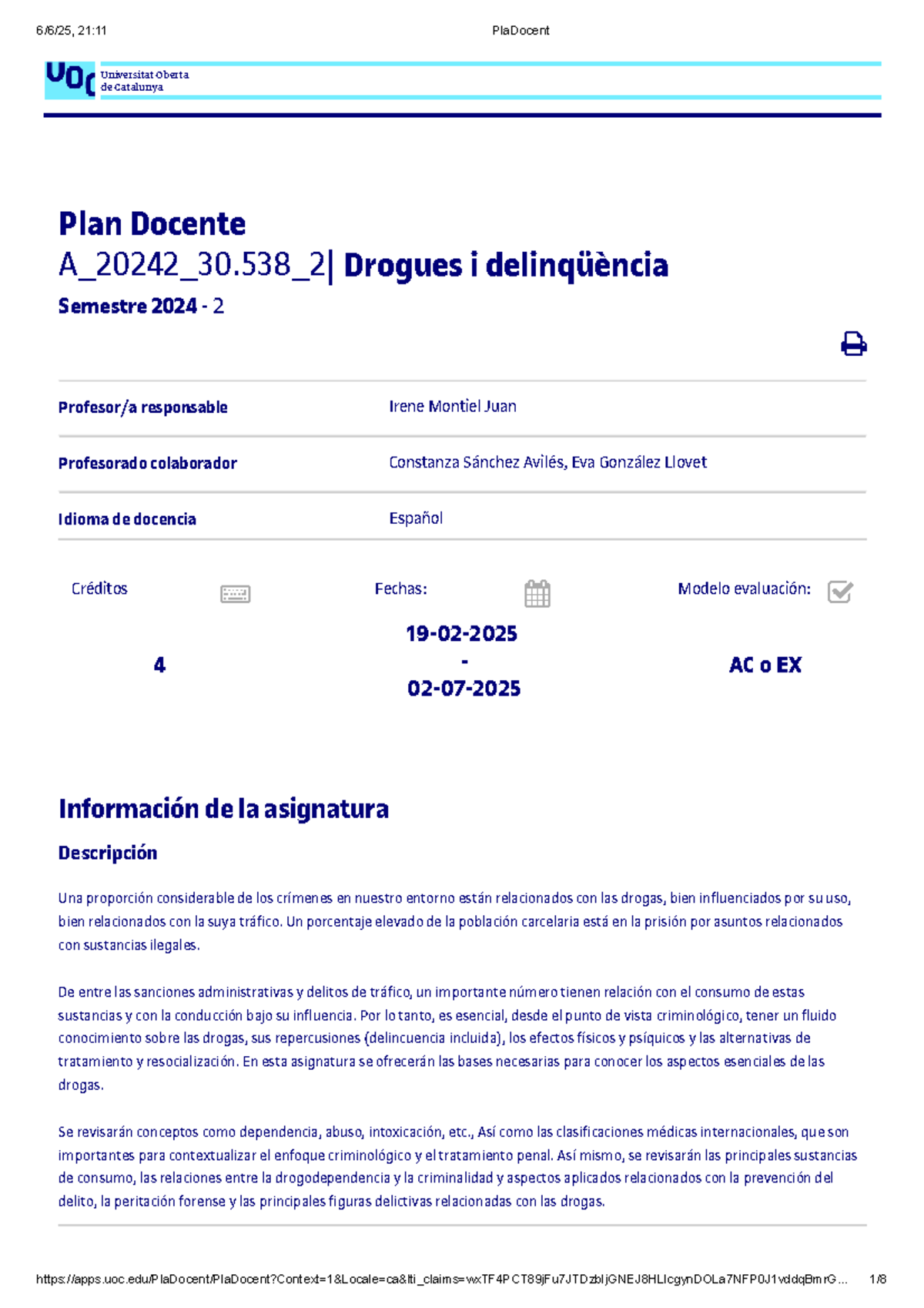 21:11 PlaDocent - Drogas y Delincuencia: Plan Docente 2024 2 - Studocu