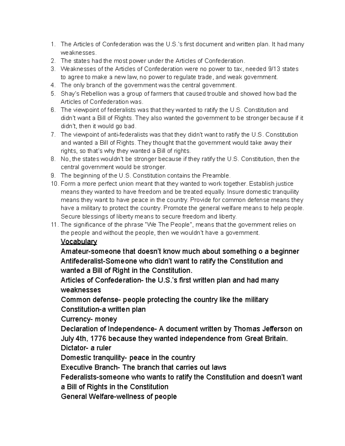 Unit 4 Study Guide: The Articles of Confederation & U.S. Constitution ...