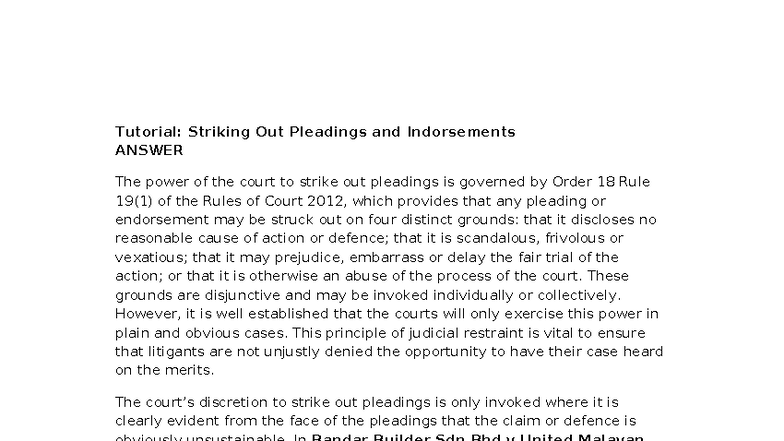 Tutorial: Striking Out Pleadings Under Order 18 Rule 19(1) - Studocu