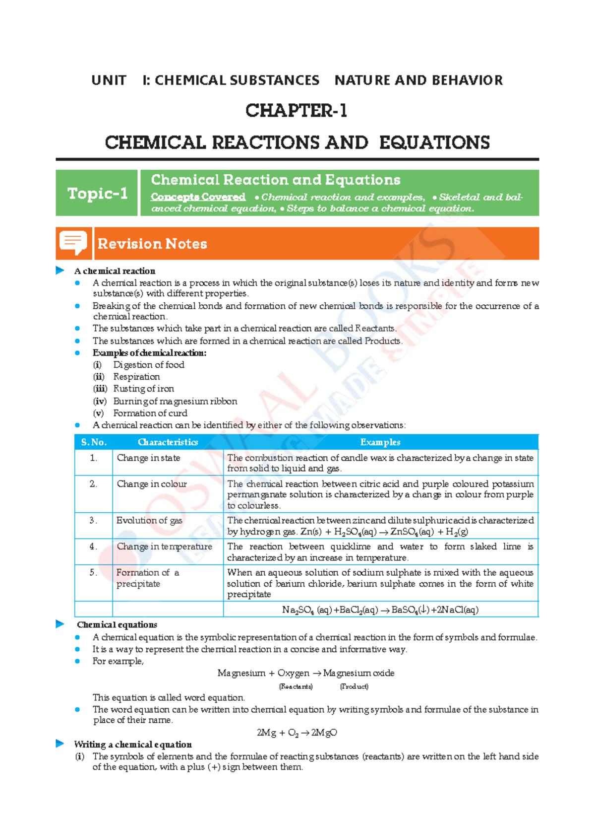 Oswaal CBSE Class 10 Science Revision Notes: Unit I - Chemical ...