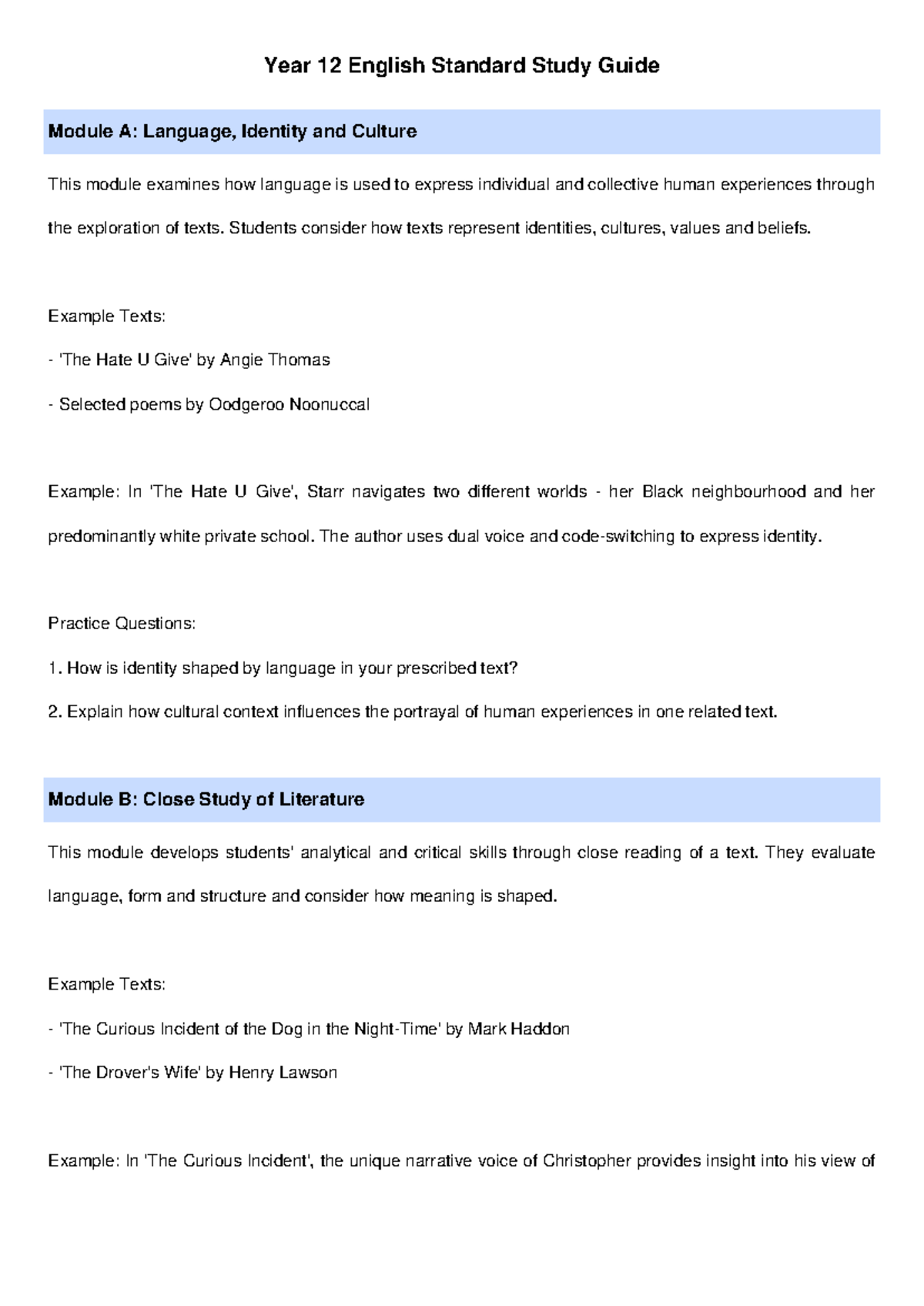 Year 12 English Standard Study Guide: Language, Identity & Culture ...