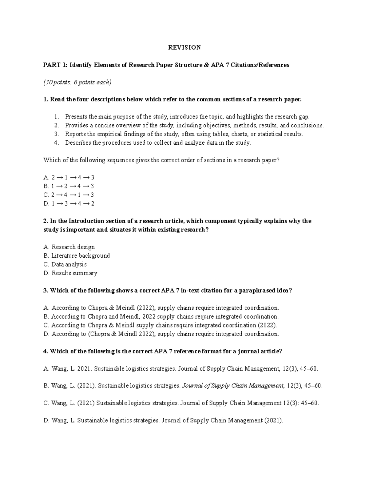 Revision for Midterm: Research Paper Structure & APA 7 Guidelines - Studocu