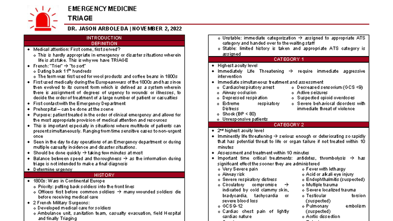 EMED 1: Midterm Topics on Emergency Medicine Triage and Management ...