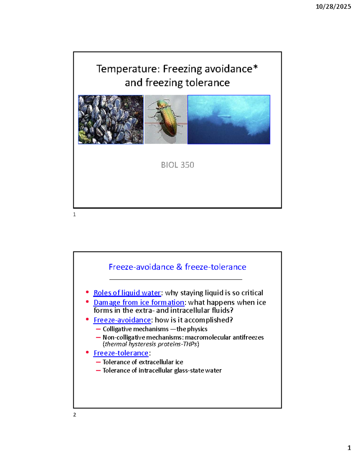 BIOL 350 Lecture: Freezing Avoidance and Tolerance - Studocu