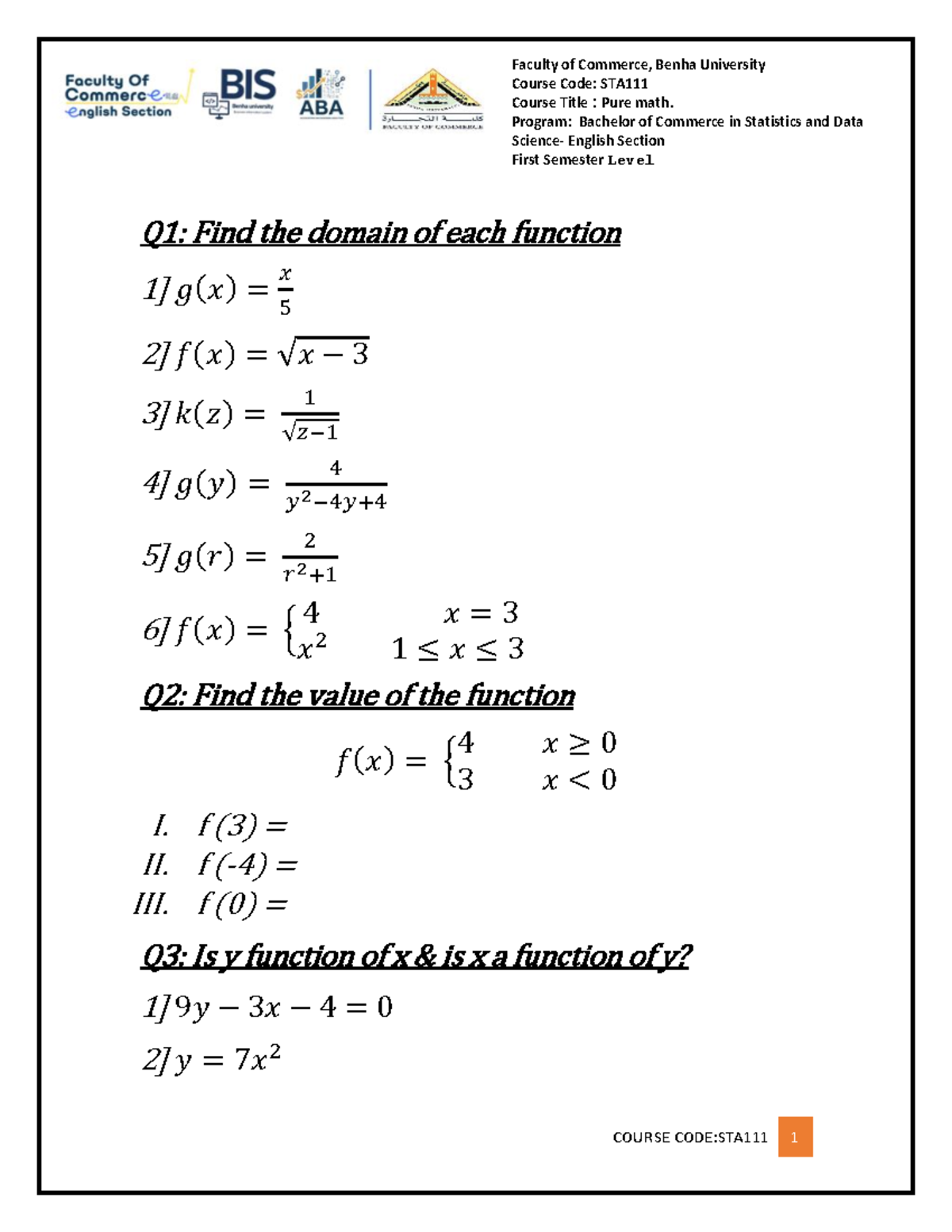 Pure Math Course Code: Bachelor of Commerce in Statistics - Q1-Q3 - Studocu