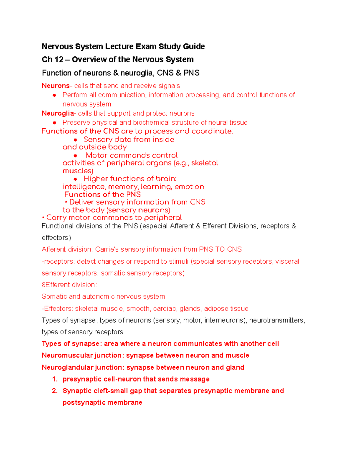 Nervous System Lecture Exam Study Guide (Ch 12-15) with Key Concepts ...