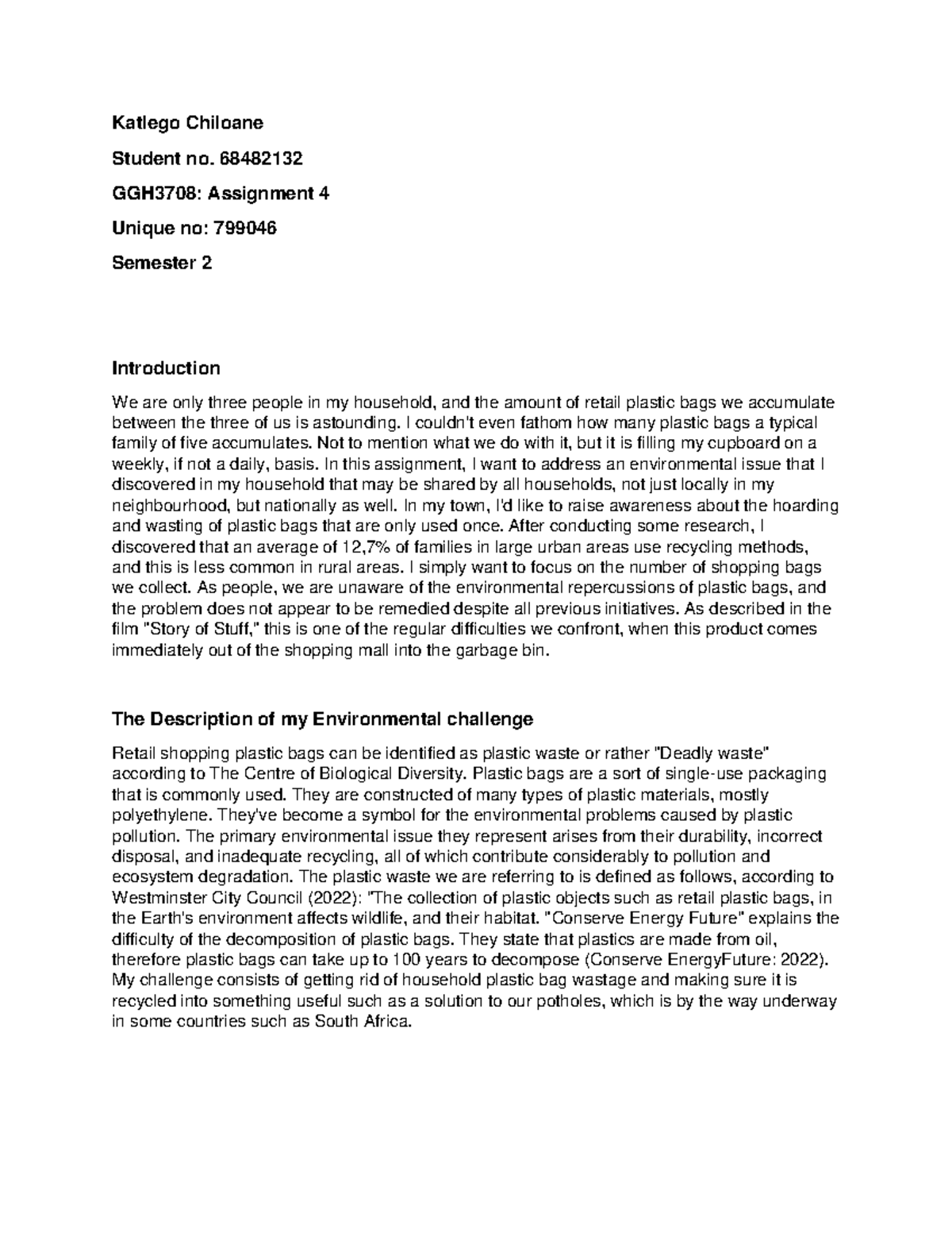 GGH3708 - Assignment 4: Tackling Plastic Bag Waste in Germiston - Studocu