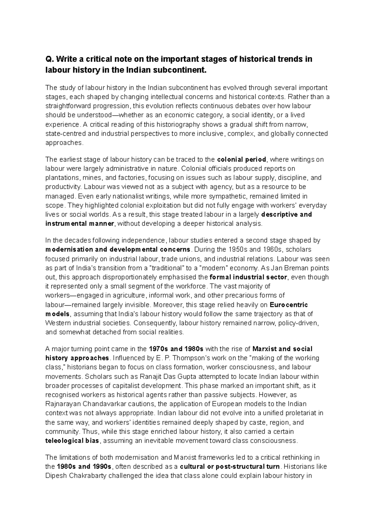 Critical Note on Labour History Trends in India (HIST 101) - Studocu