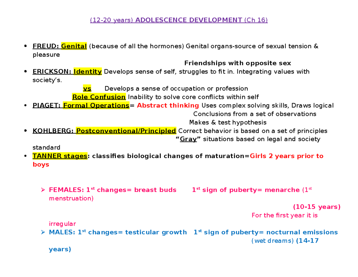 Adolescent Development chart - (12-20 years) ADOLESCENCE DEVELOPMENT ...