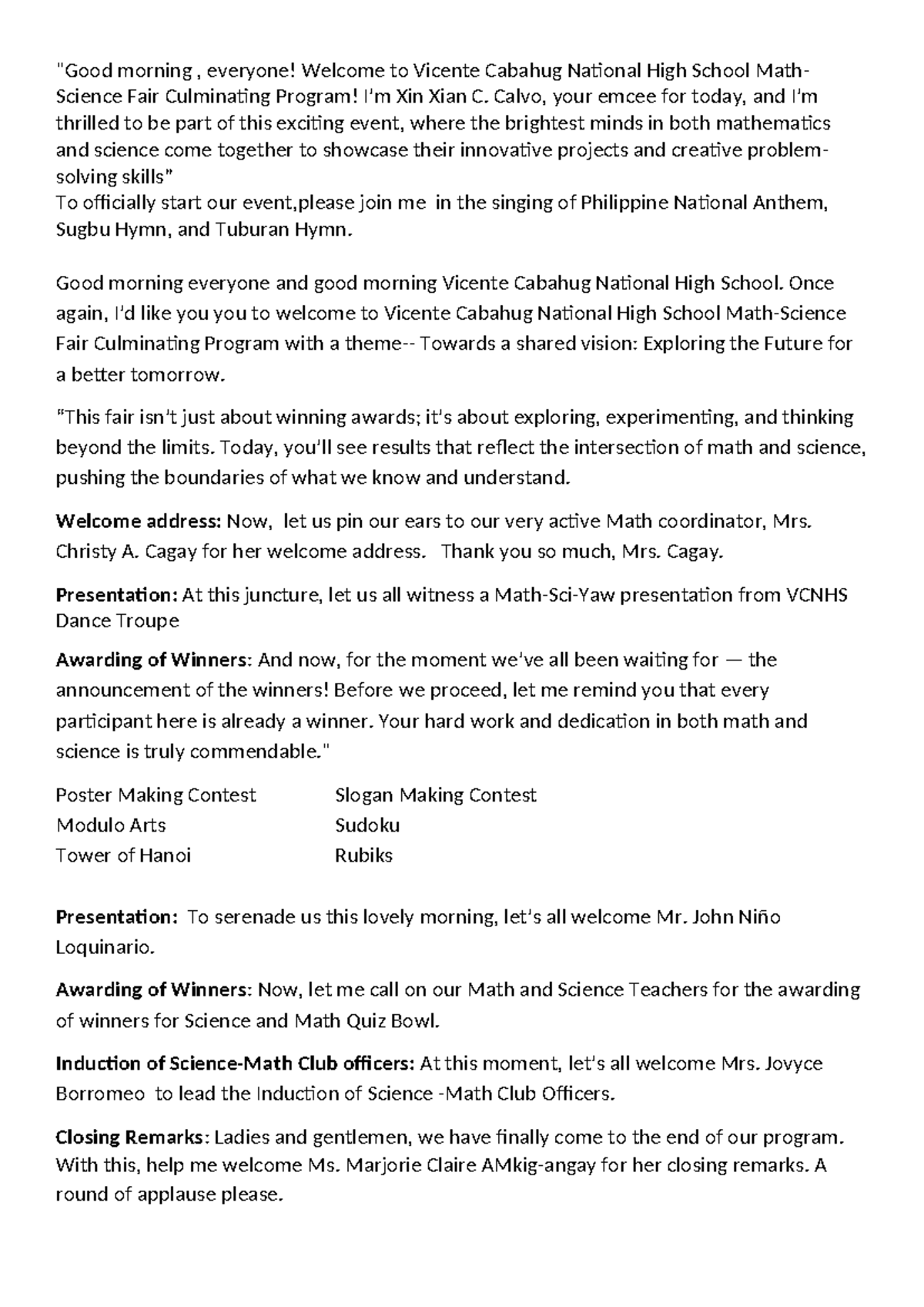 Emcee Script for VCNHS Math-Science Fair Program - Studocu