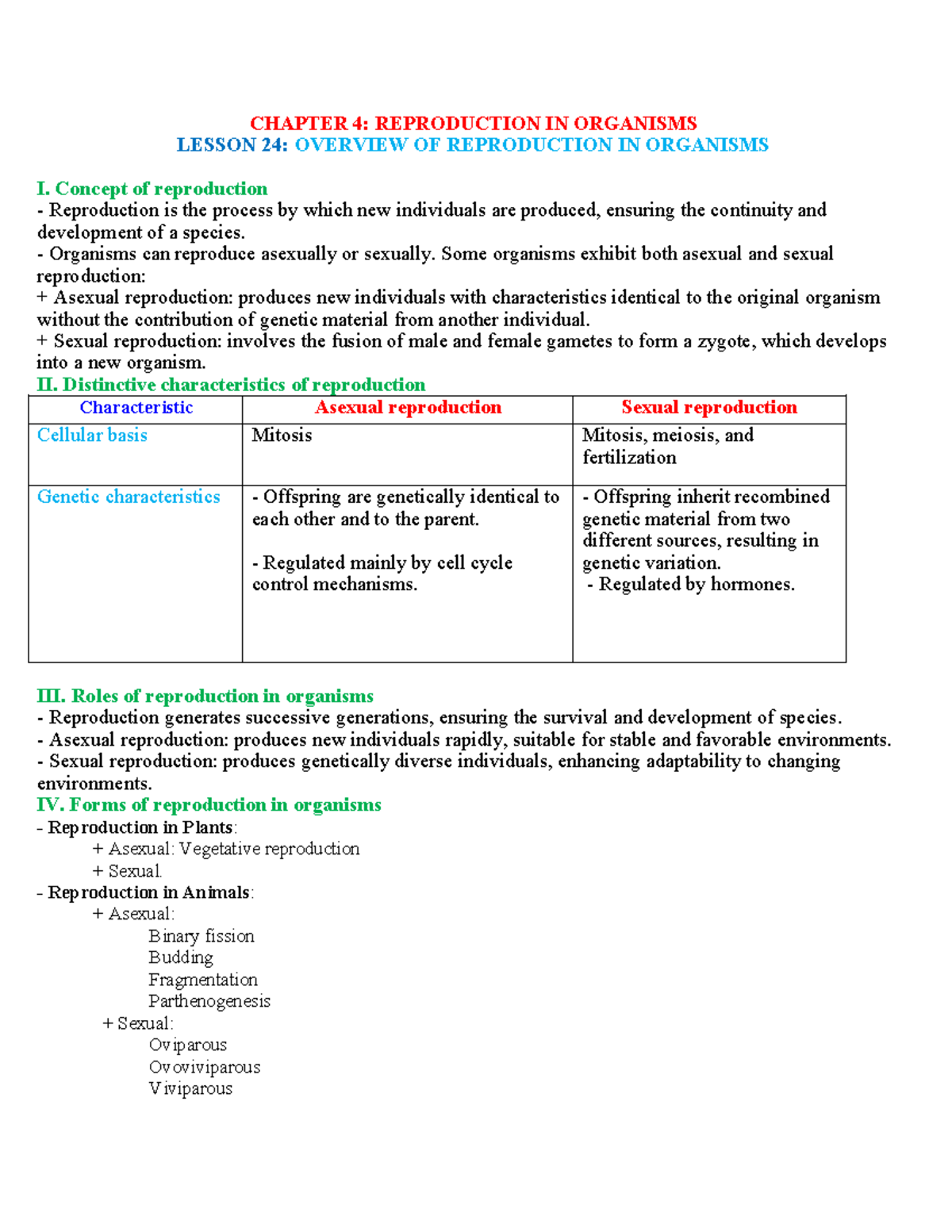 CHAPTER 4: REPRODUCTION IN ORGANISMS - LESSON 24 OVERVIEW - Studocu