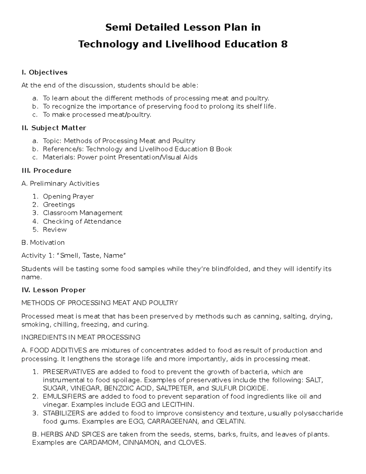 Semi-Detailed Lesson Plan: Meat Processing Methods in TLE 8 - Studocu