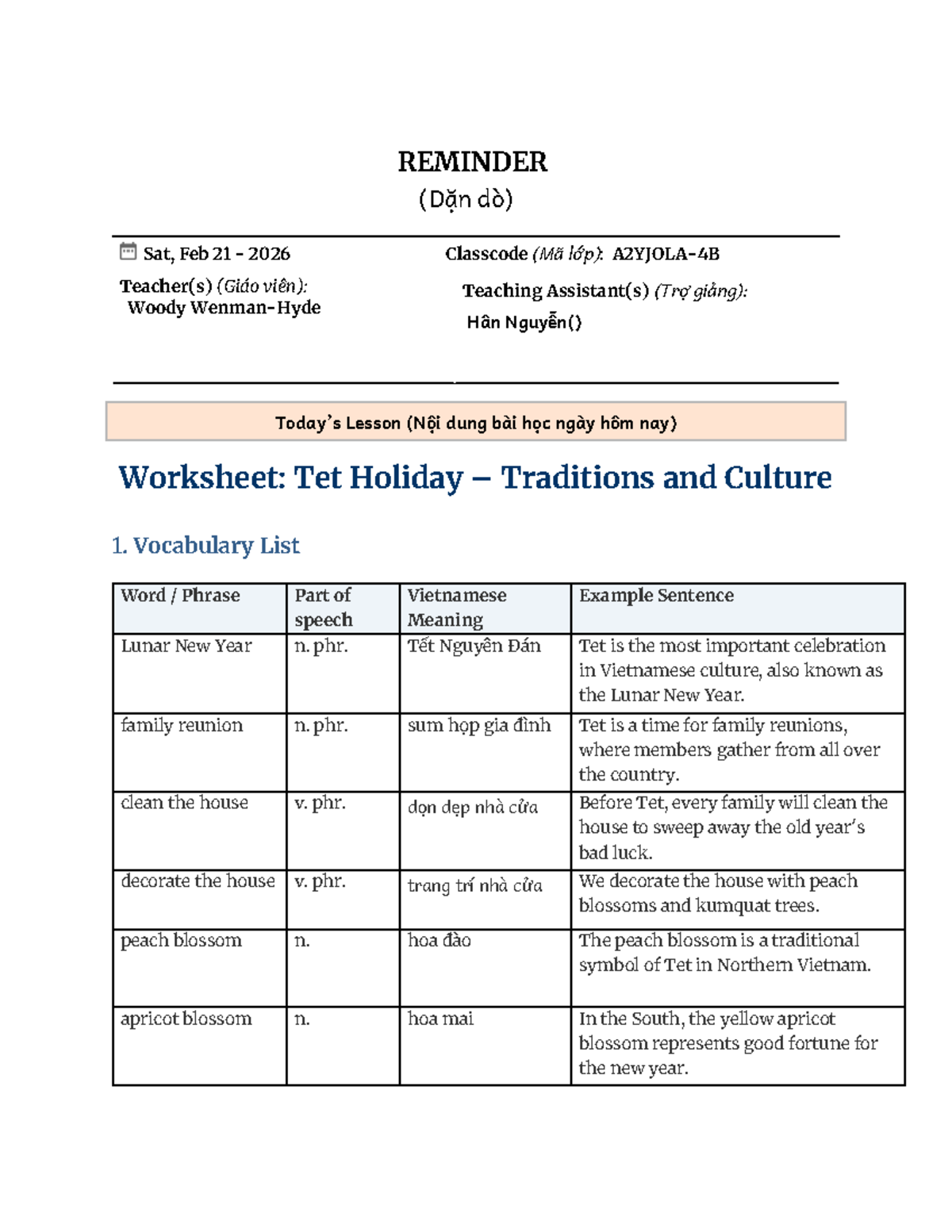 Tet Holiday Traditions and Culture Lesson (Mã lớp: REMINDER) - Studocu