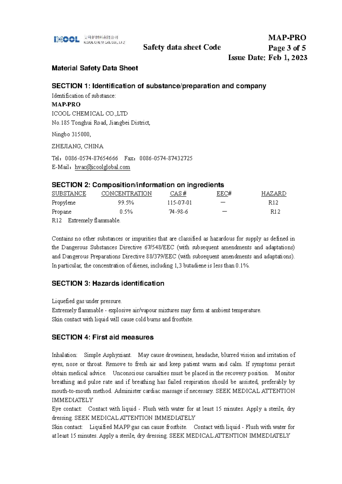 MAPP GAS PRO Safety Data Sheet (SDS) - ICOOL CHEMICAL Co. - Studocu