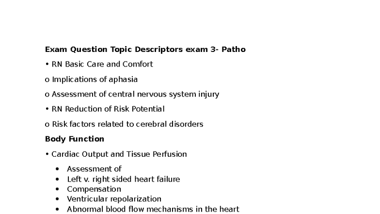 Exam 3 Study Guide - Patho RN: Key Concepts & Assessments - Studocu