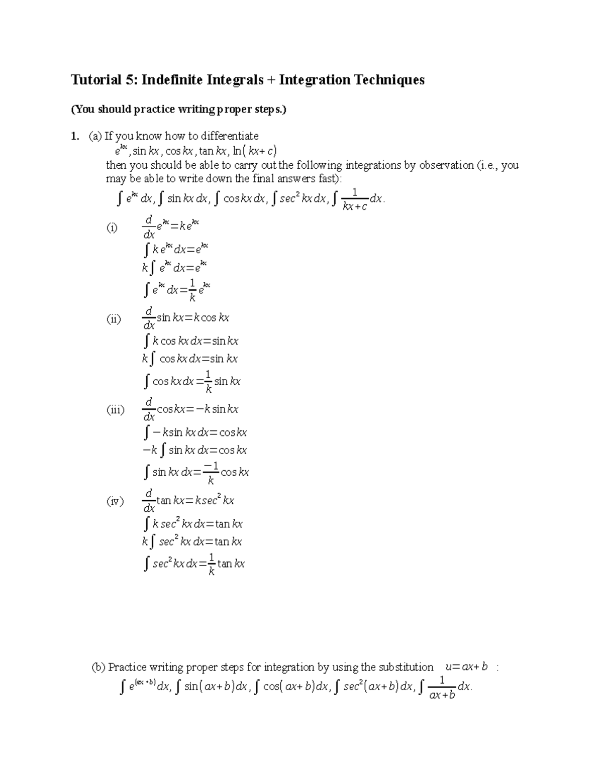 Calculus (Tutorial 05) Answer - Tutorial 5: Indefinite Integrals ...