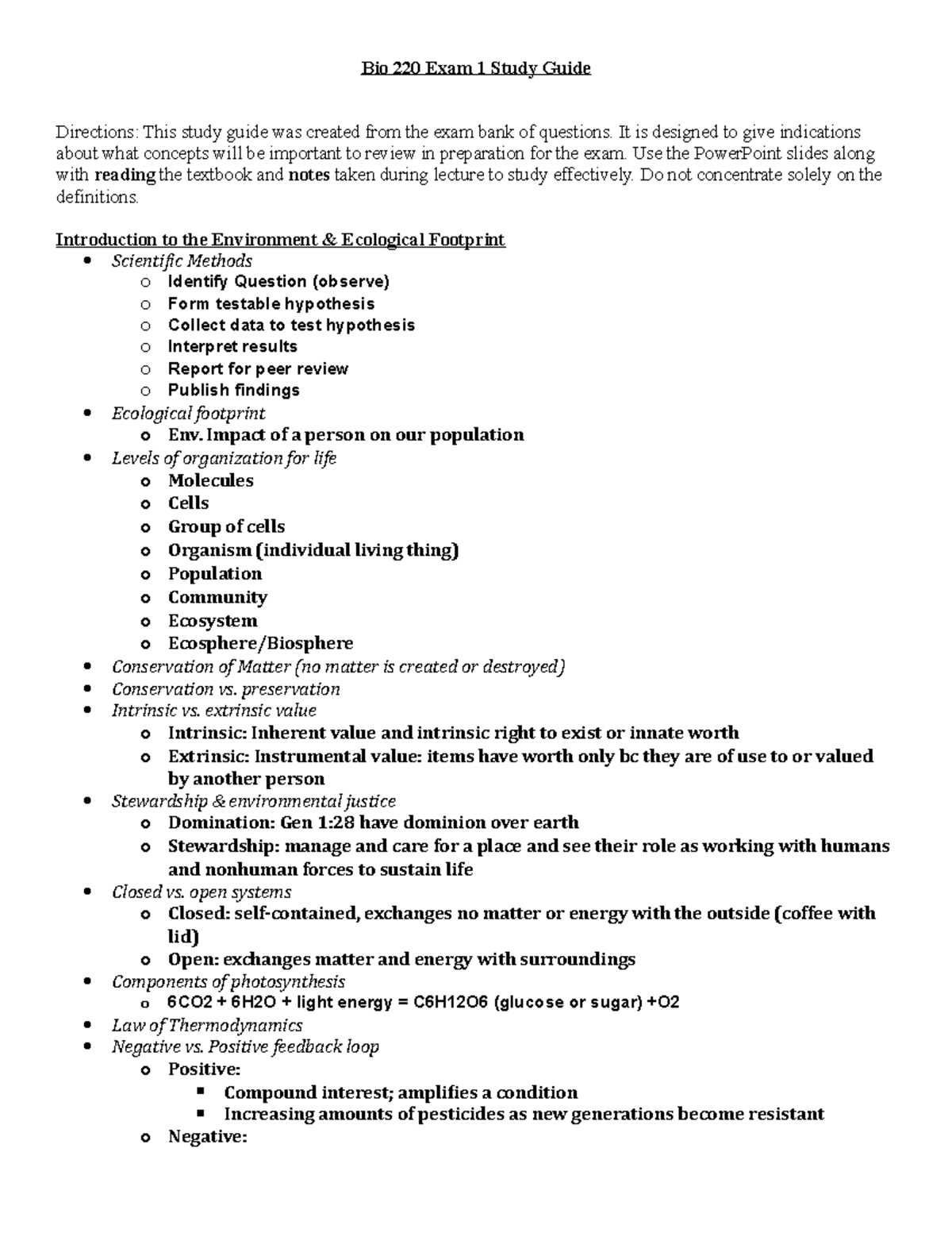 Bio 220 Exam 1 Comprehensive Study Guide and Key Concepts - Studocu