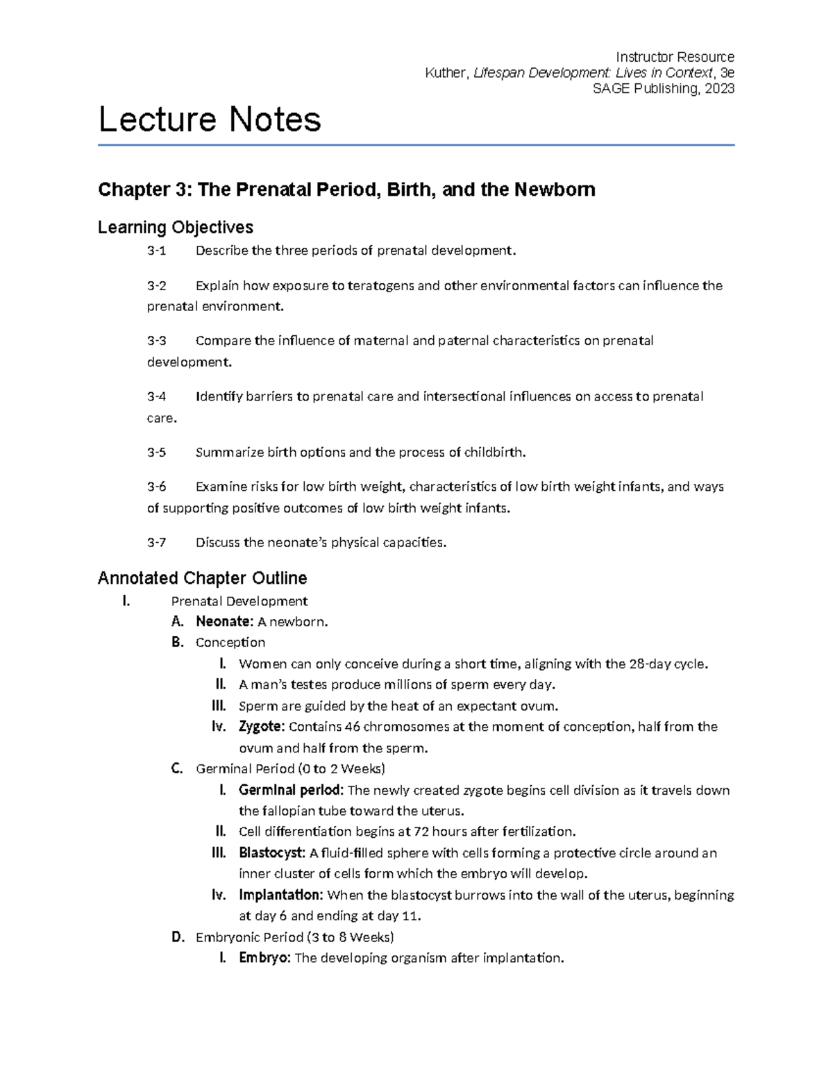 Kuther 3e LN 03 - Chapter 3: Prenatal Development and Newborn Care ...