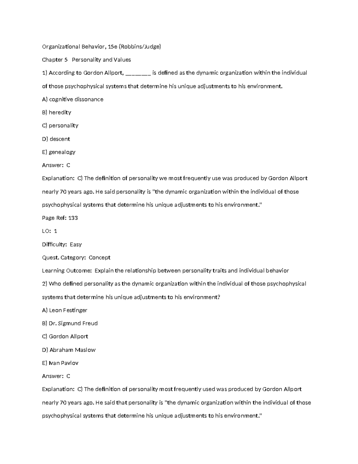 Chapter 5 Personality and Values - MCQ Practice Questions - Studocu