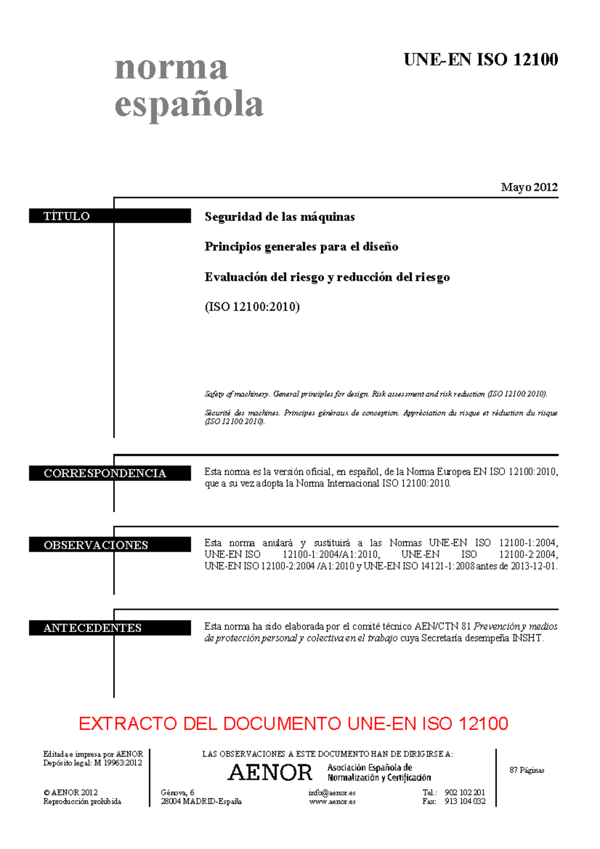 Norma UNE-EN ISO 12100:2012 - Seguridad de Máquinas y Evaluación de ...