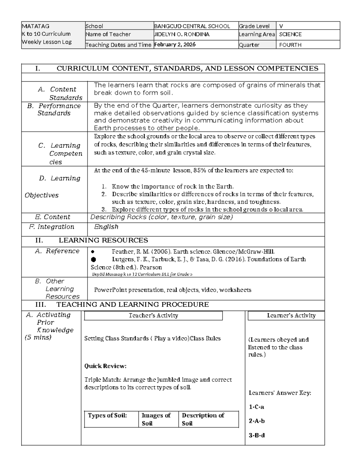 MATATAG K to 10 Curriculum Grade 5 Science Weekly Lesson Log - Studocu