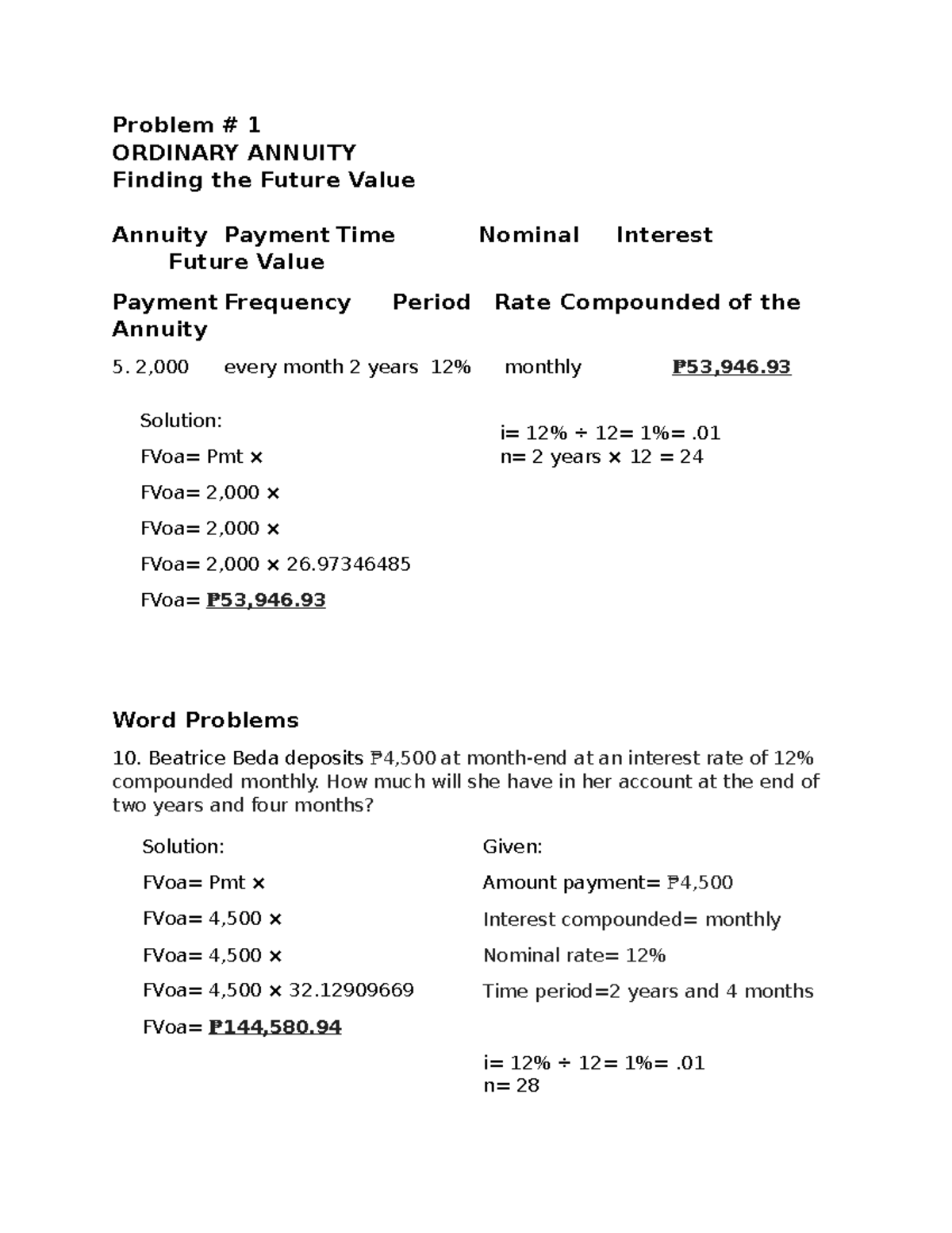 Chapter 13- Problem 1-6 - ORDINARY ANNUITY Finding the Future Value ...