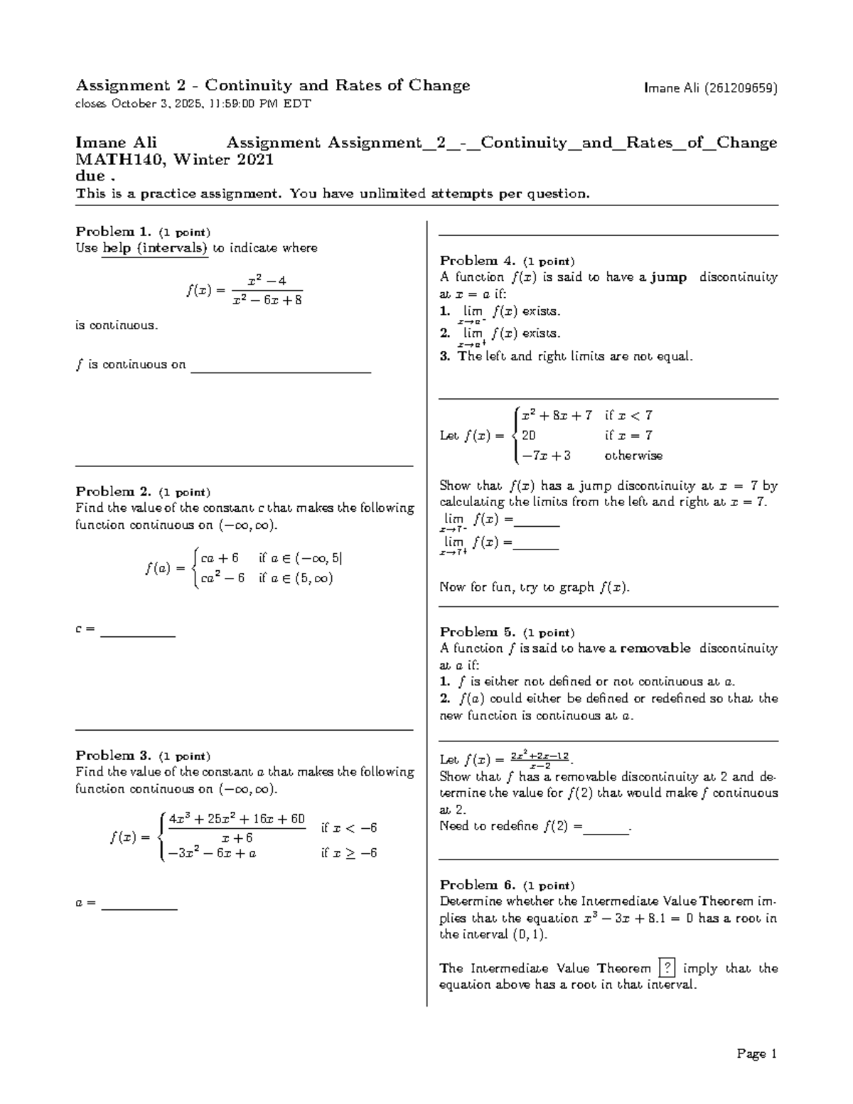 MATH140 Assignment 2: Continuity & Rates of Change Practice - Studocu