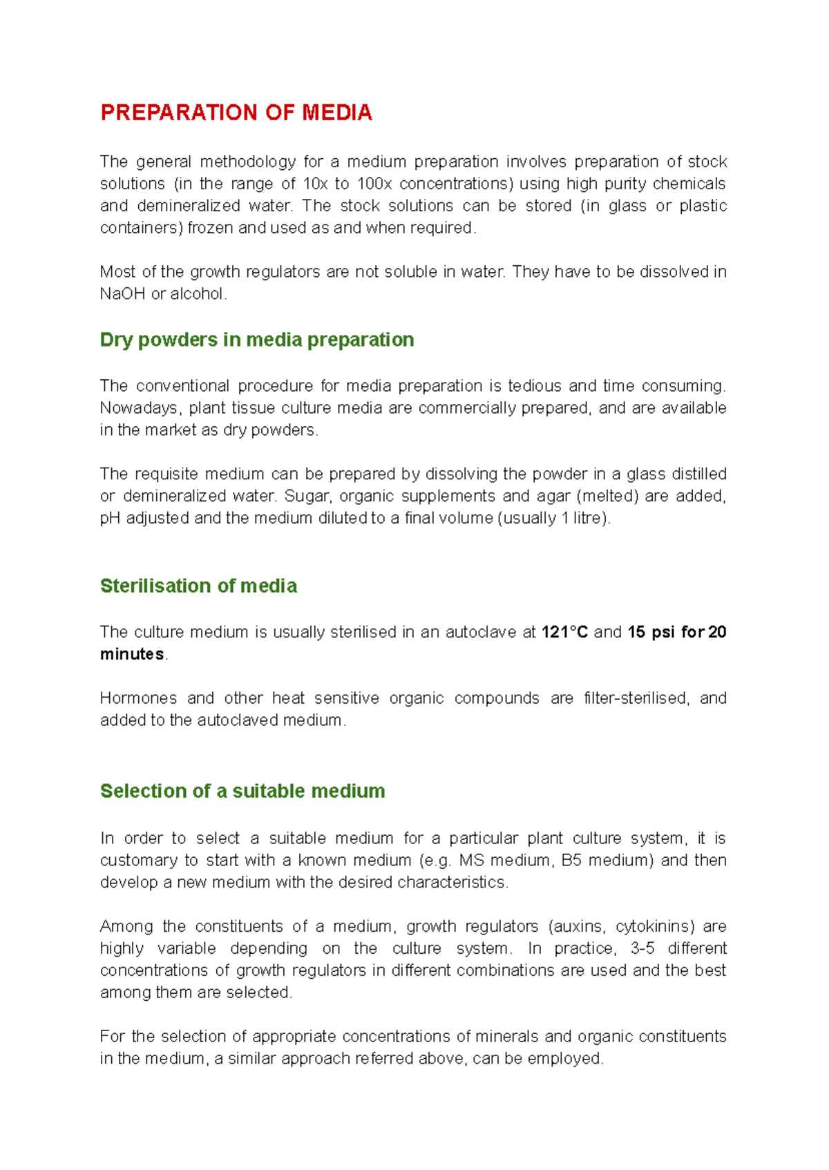 Media preparation - Useful notes - PREPARATION OF MEDIA The general ...