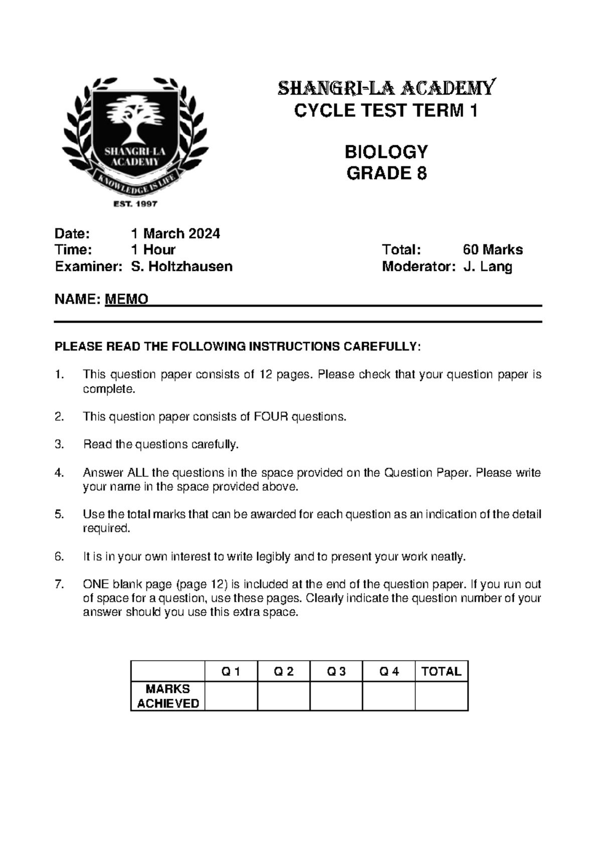 GR.8 Cycle TEST Biology MEMO - SHANGRI-LA ACADEMY CYCLE TEST TERM 1 ...