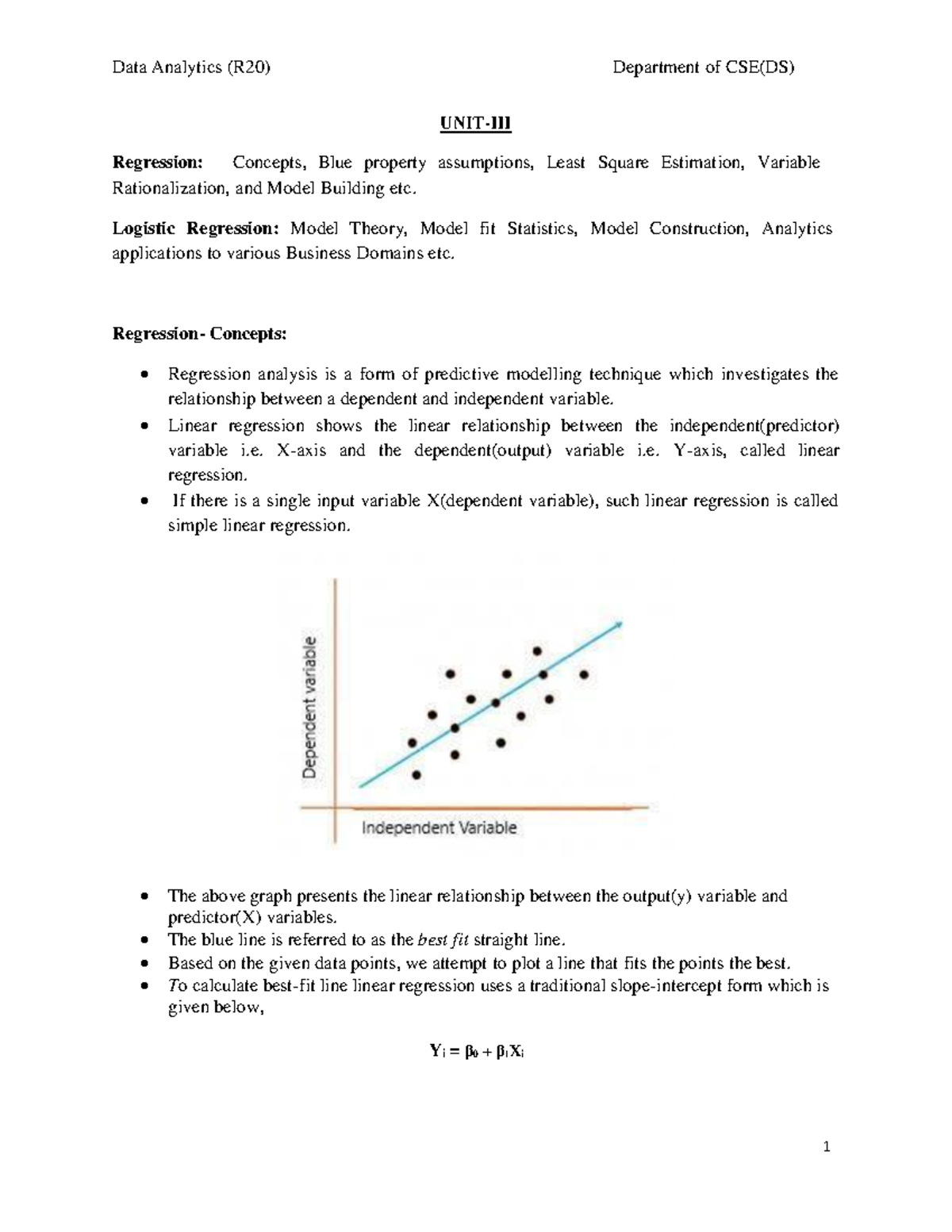 UNIT-III Lecture Notes: Regression & Logistic Regression Concepts - Studocu