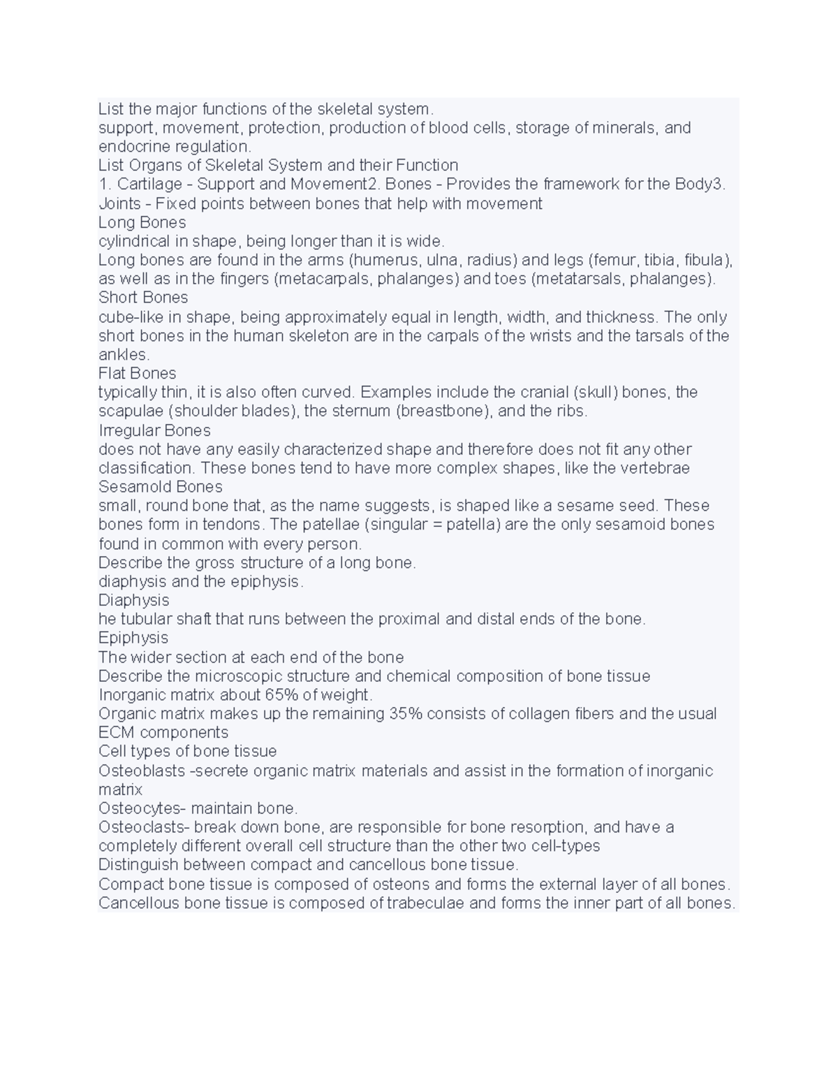 AP Exam 2: Skeletal System Functions & Structures Study Guide - Studocu