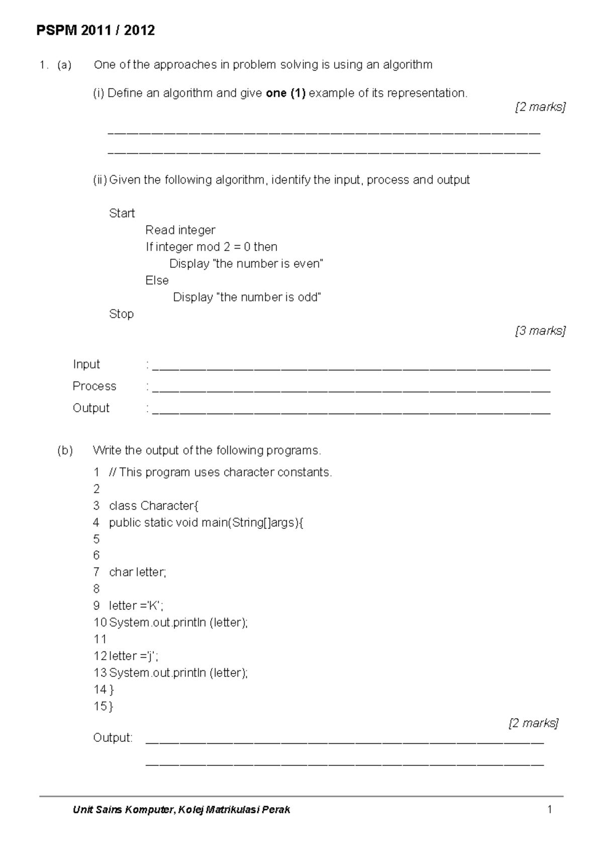 SC025 PAST YEAR PSPM ( Question) - PSPM 2011 / 2012 (a) One of the ...