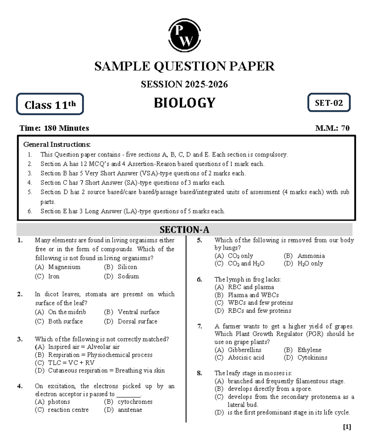 Class 11 BIOLOGY Sample Question Paper - 180 Min, M.M. 70 - Studocu