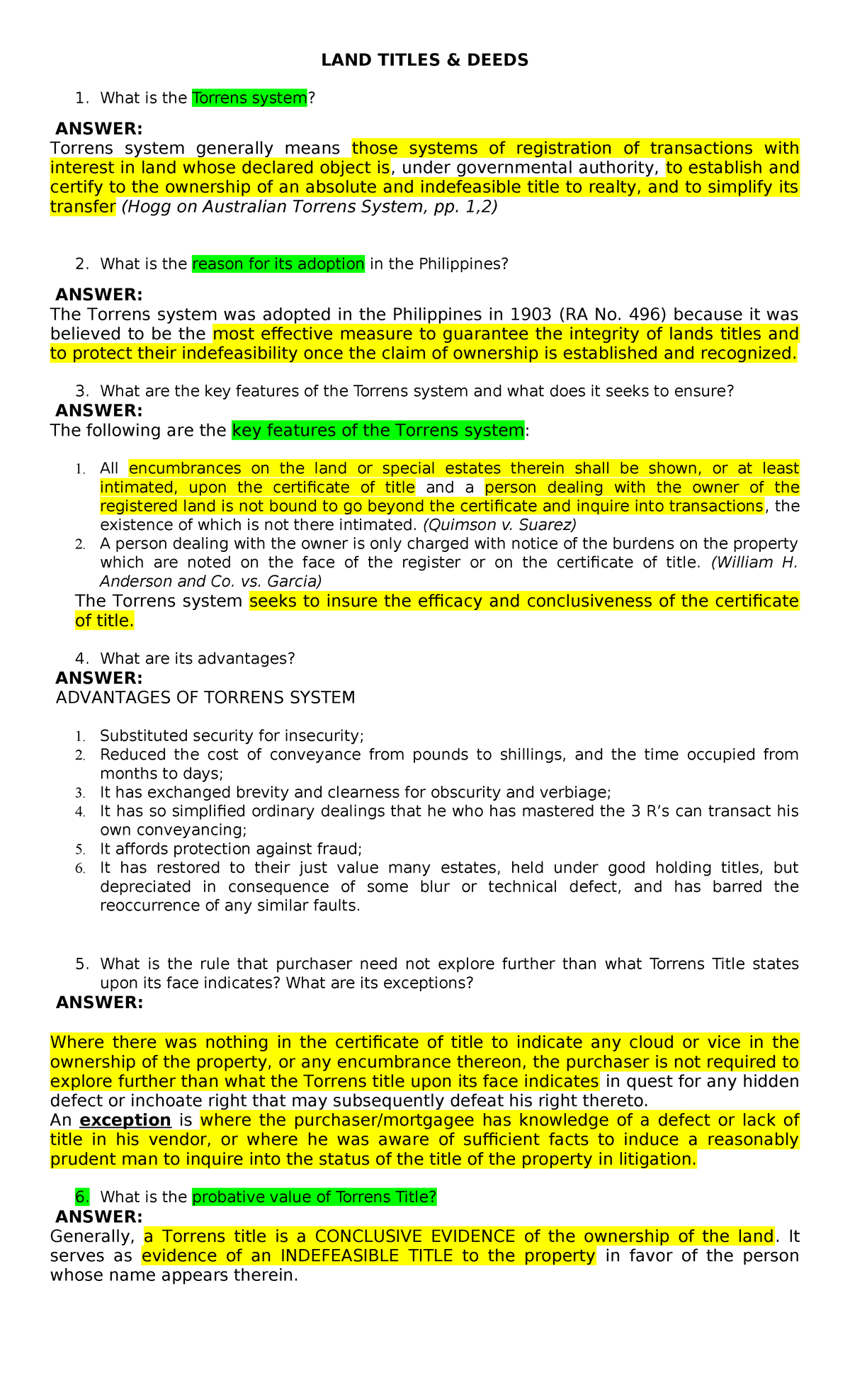 LAND TITLES & DEEDS (Summary) - Understanding the Torrens System - Studocu
