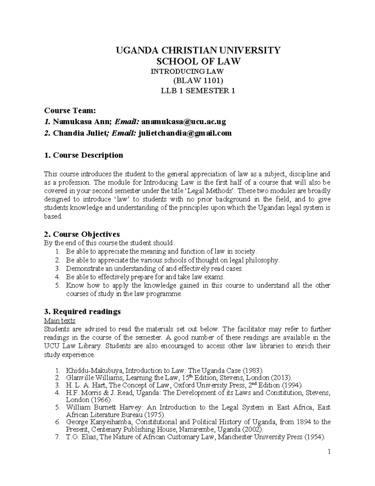Introducing Law (BLAW 1101) Reading List - UCU LLB 1 Semester 1 - Studocu