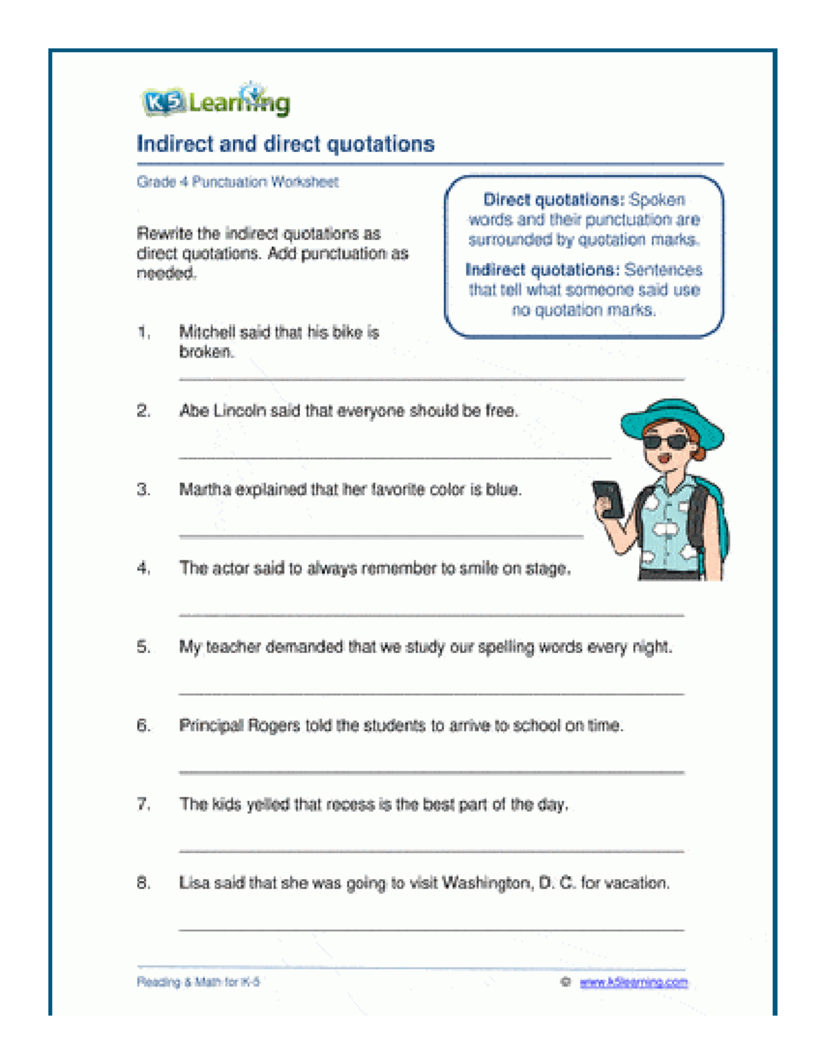 K5 Punctuation Worksheet: Indirect & Direct Quotations for Grade 4 ...