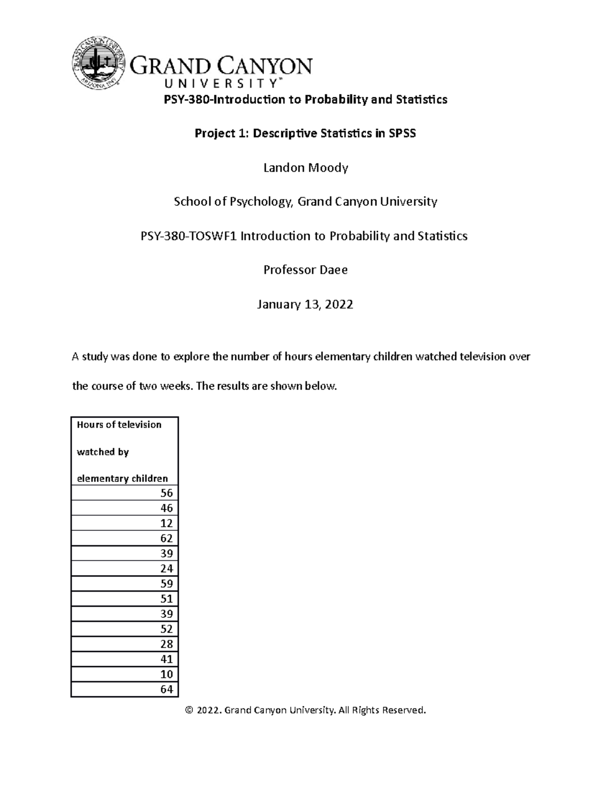 PSY380 RS T2 Project 1 Descriptive Stats SPSS - PSY-380-Introduction to ...