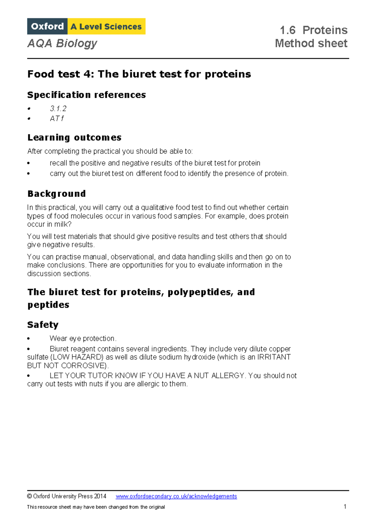 AQA Biology: Biuret Test for Proteins Method & Observations Guide - Studocu
