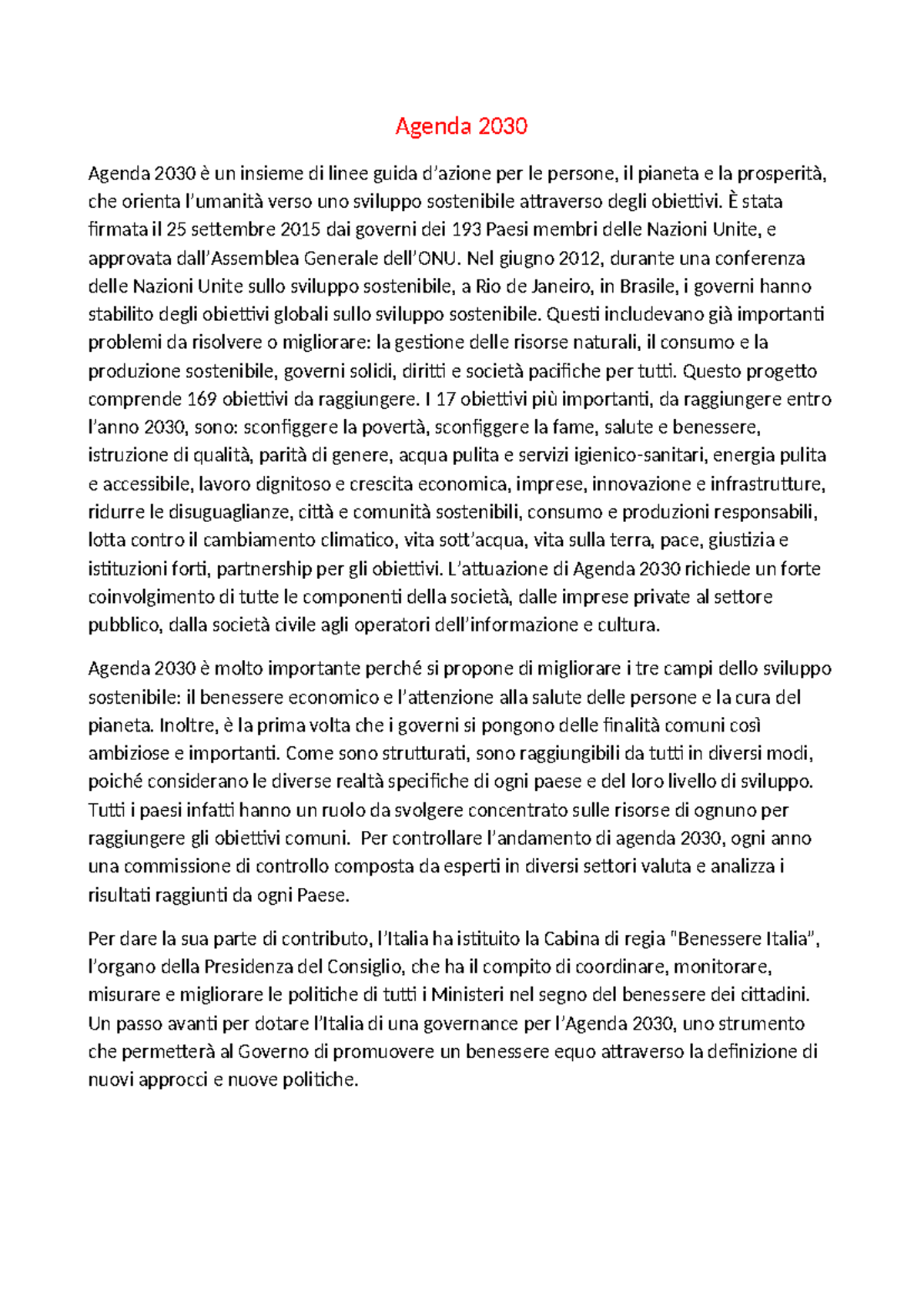 Agenda 2030: Breve Riassunto e Obiettivi Principali - Studocu