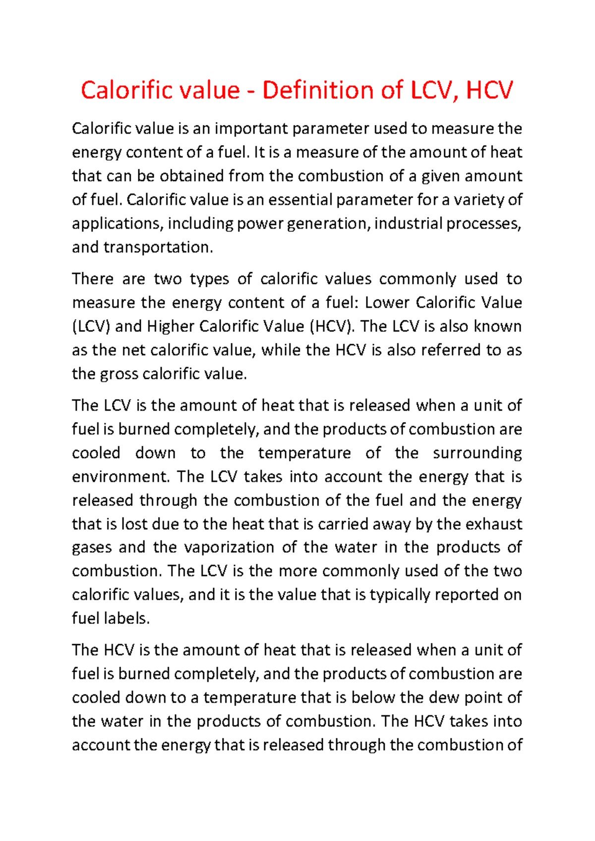 Calorific Value Explained: LCV vs. HCV for Energy Assessment - Studocu