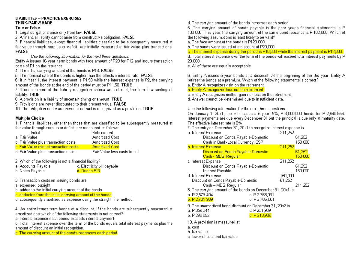 Liabilities Practice Exercises (True/False & MCQs) - WIW - Studocu