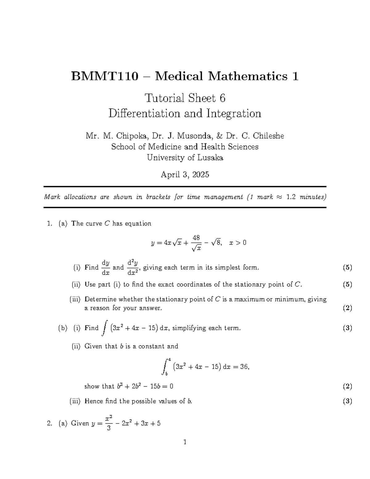BMMT110 Medical Mathematics 1 Tutorial Sheet 6: Differentiation ...