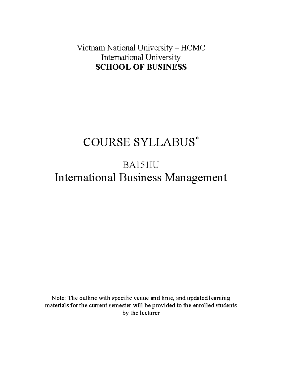 International Business Management Syllabus BA151IU - Sep 2025 - Studocu