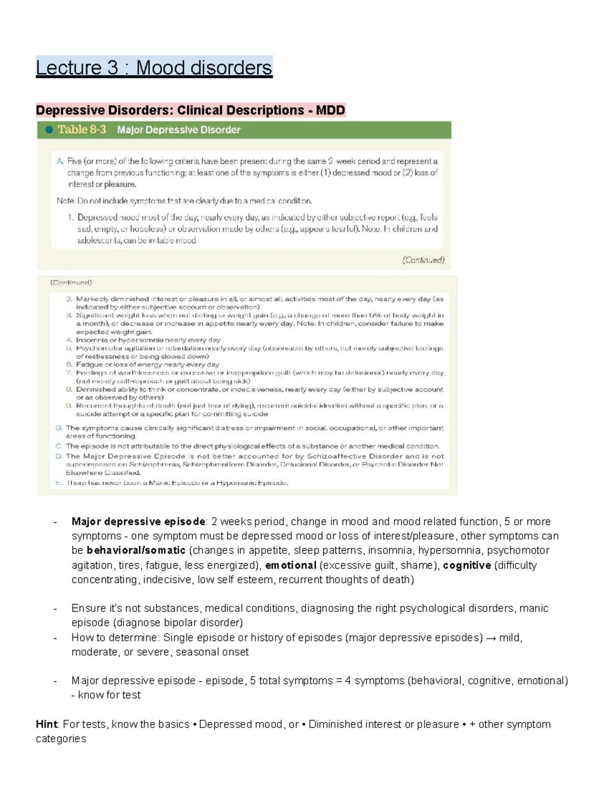 PSY240 Lecture 3: Understanding Mood Disorders and Treatments - Studocu