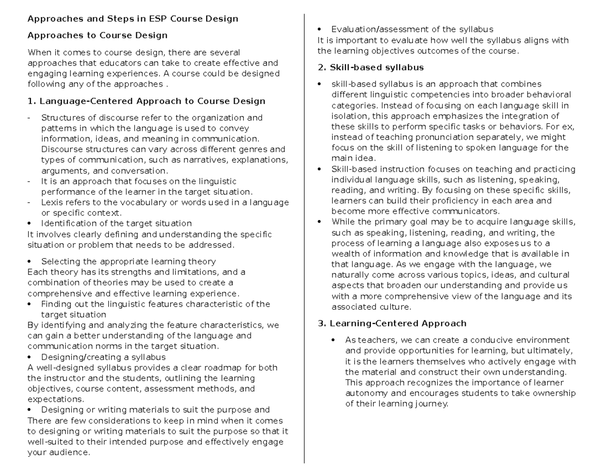 ESP Course Design: Approaches & Steps for Effective Learning - Studocu