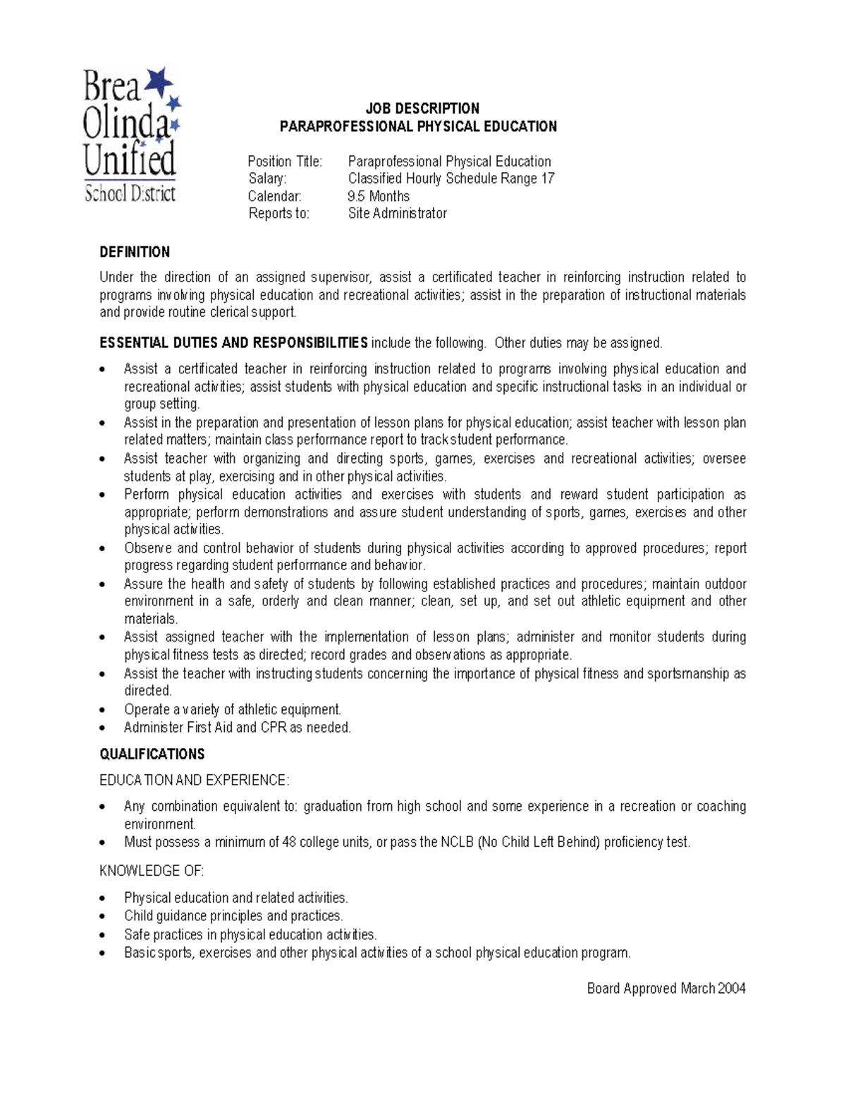 Job Description: Paraprofessional Physical Education (Position Code ...