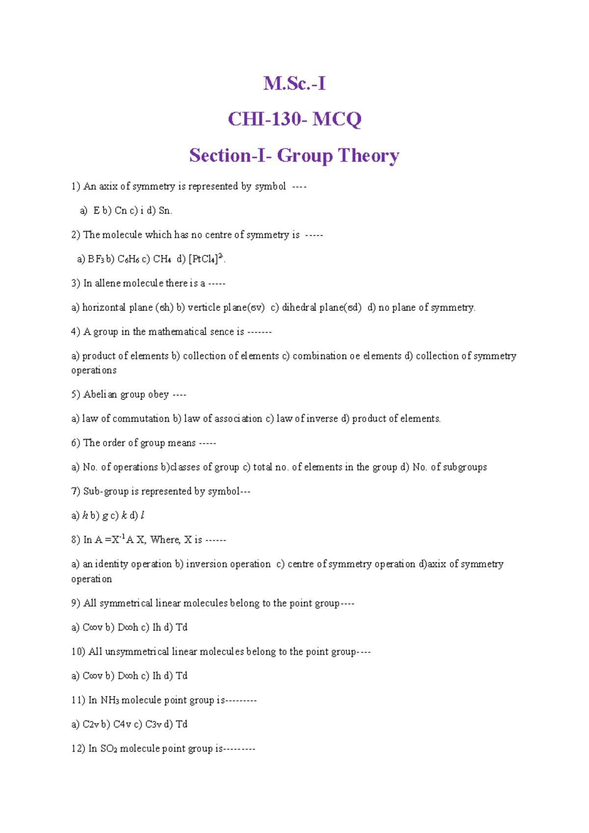 M.Sc.-I CHI-130 Group Theory & Main Group Elements MCQs - Studocu