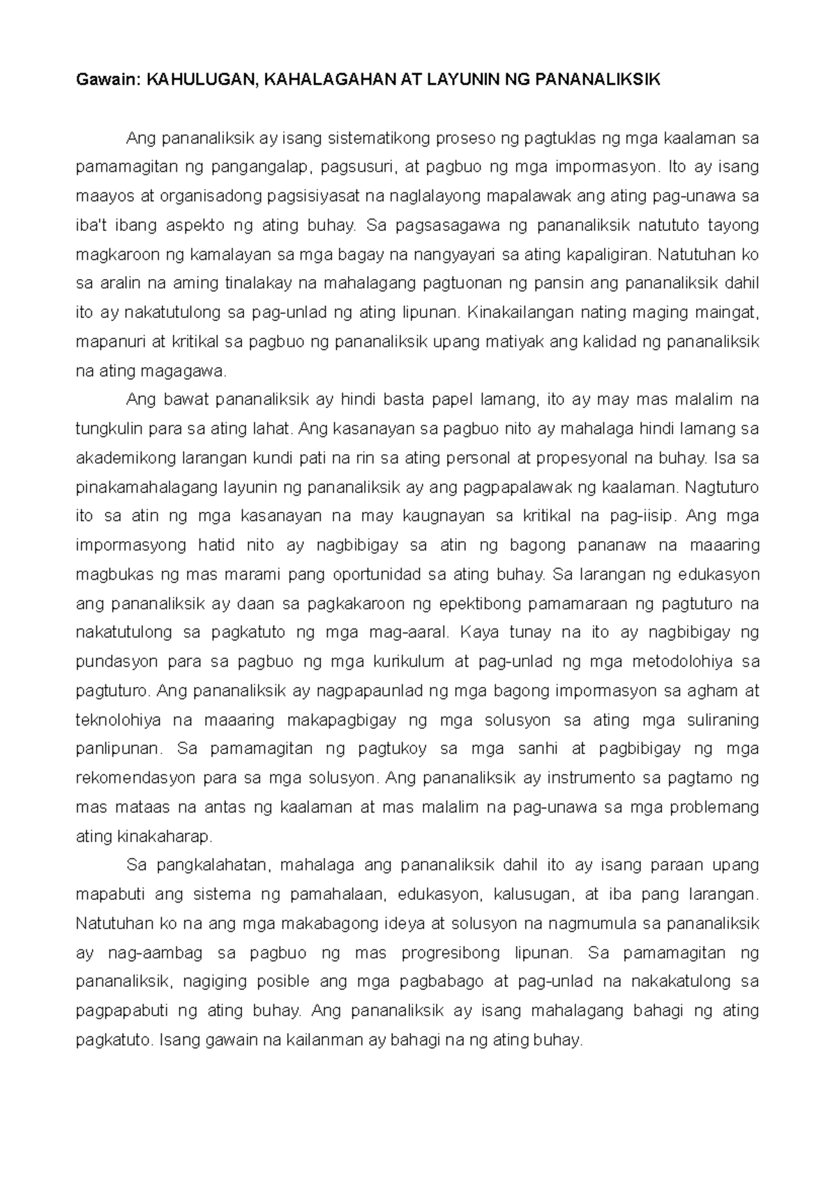 Kahalagahan at Layunin ng Pananaliksik: Isang Pagsusuri - Studocu