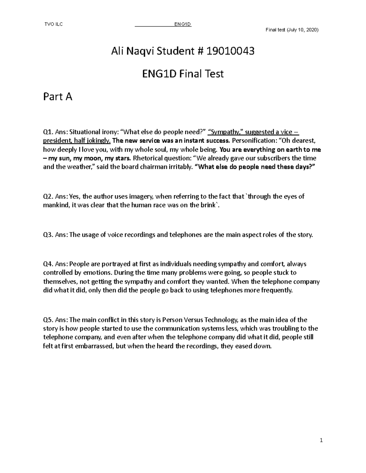 ENG1D Final Test - Comprehensive Student Responses and Essay Outline ...